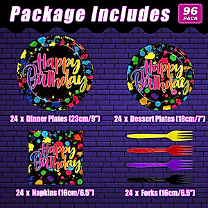 Kepeel 96 Pcs Neon Party Plates, Glow Birthday Party Supplies Disposable Paper Plates Dessert Napkins Glow in the Dark Favors Decorations Graffiti Tableware For Kids, Serves 24