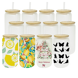 ZREGGUR 25 packs Drinking Glasses with Bamboo Lids and straw,16oz Frosted can Shaped sublimation Blanks tumblers, Beer Glasses, Iced Coffee Glasses, Ideal for Cocktail, Whiskey, Gift…