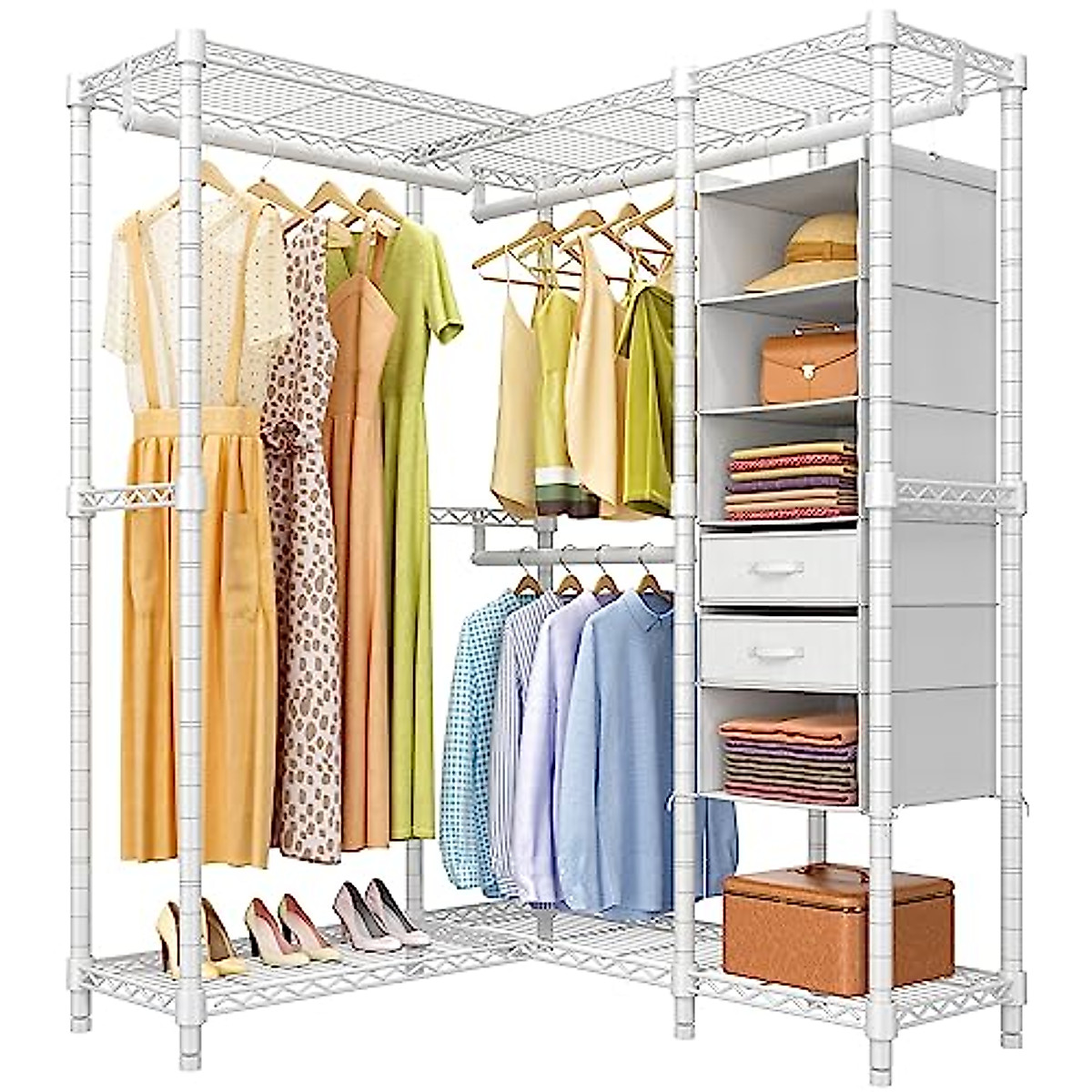 VIPEK L6E Garment Rack for Hanging Clothes Heavy Duty Clothes Rack with Shelves, L Shaped Clothing Rack Portable Corner Closet Metal Freestanding Wardrobe with Drawers, Max Load 715 LBS, White