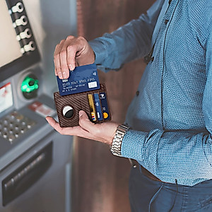 Aunote Wallet Airtag, Slim Airtag Wallet Men with Genuine Leather, RFID Blocking Smart Apple Air Tag Wallet, Thin Minimalist Front Pocket Card Holder Wallets Men Women Gifts-Carbon Fiber Brown