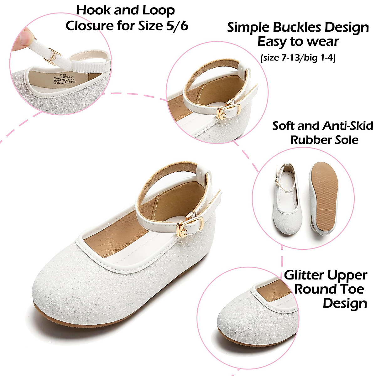 PHIRAMIN Toddler Flower Girl Glitter White Dress Shoes - Little Girl Ballet Flats Size 12 Wedding Party