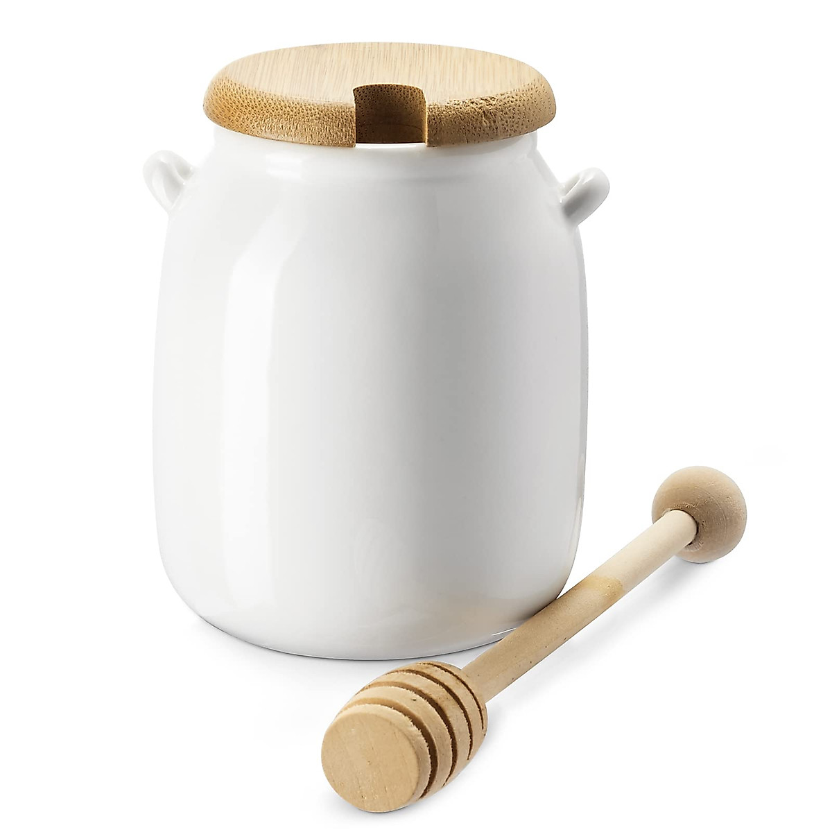 LIFVER Honey Jar with Wooden Dipper and Lid, Cute Ceramic Honey Bee Pot for Storage, Honey Pot with Handle for Sugar, Jam and Salsa, Birthday Housewarming Christmas Gift - 12 Ounce, White