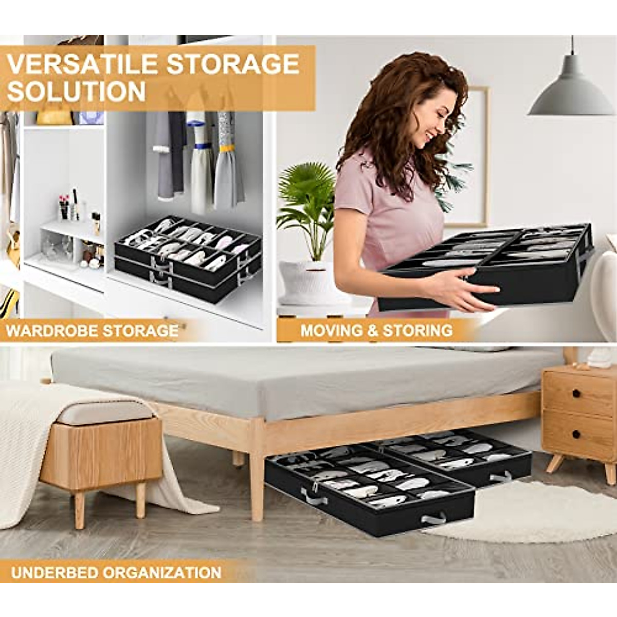 punemi 2 Pack Under Bed Storage With Lids & 2 Pack Under Bed Shoe Storage, Foldable Low Profile Stackable Storage Drawer Organizer Bins Box, Adjustable Sturdy Clear Shoes Storage Box