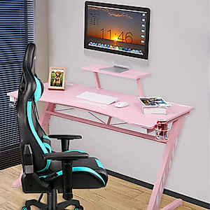 ErgoDesign Gaming Desk with Z Shaped Legs, Professional Game Work Station, PC Gamer Table with Stand Cup Holder & Headphone Hook (White/Pink)