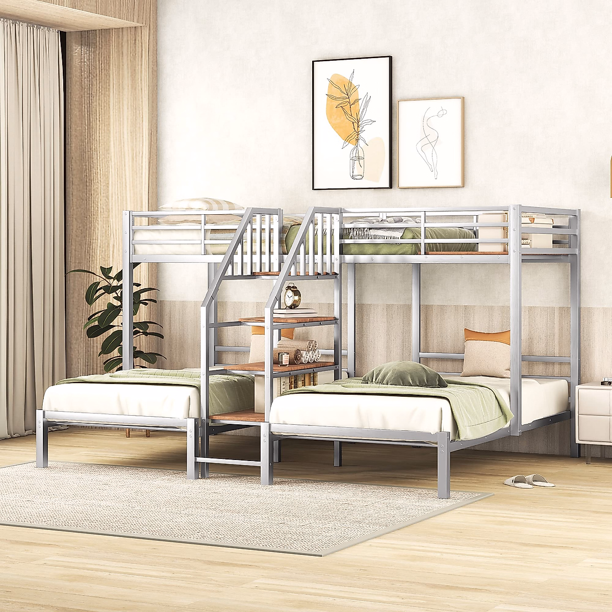 Bellemave Triple Bunk Bed with Storage Stairs Twin Over Two Twin Bunk Beds Metal Bunk Bed for 3 Kids with Storage Shelf for Three Boys Girls Teens, Silver