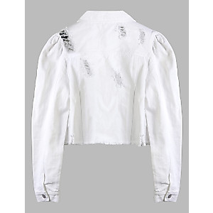 Omoone Women's Ripped Puff Sleeve Denim Crop Top Long-Sleeve Cropped Jean Jacket(1676-White-M)