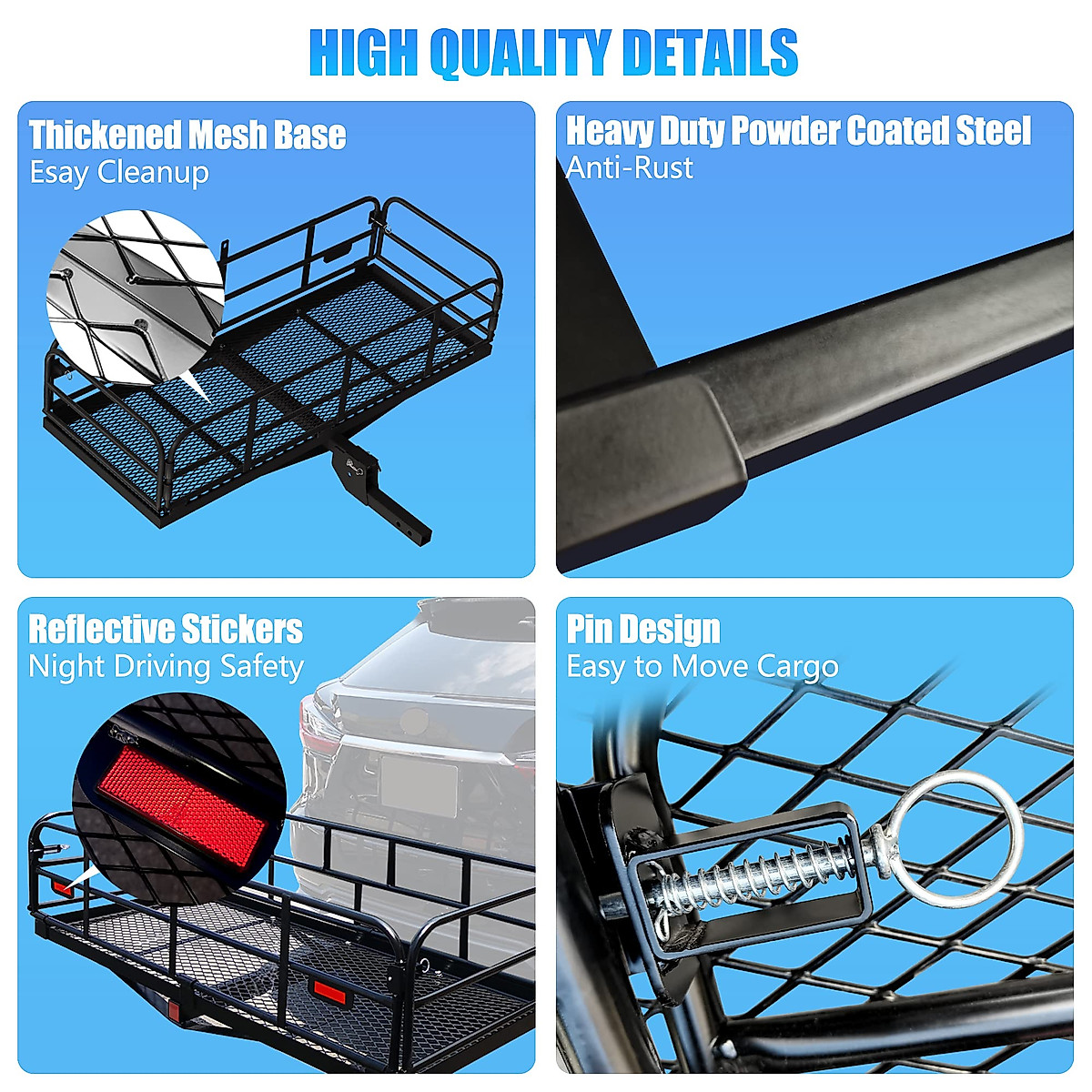 KAIRAY 500 Lbs Heavy Duty Hitch Mount Cargo Carrier 60"x24"x14.4" Folding Rear Luggage Rack Basket Fits 2" Receiver for Car SUV Camping Traveling with Stablizer Waterproof Bag Net Ratchet Straps Lock