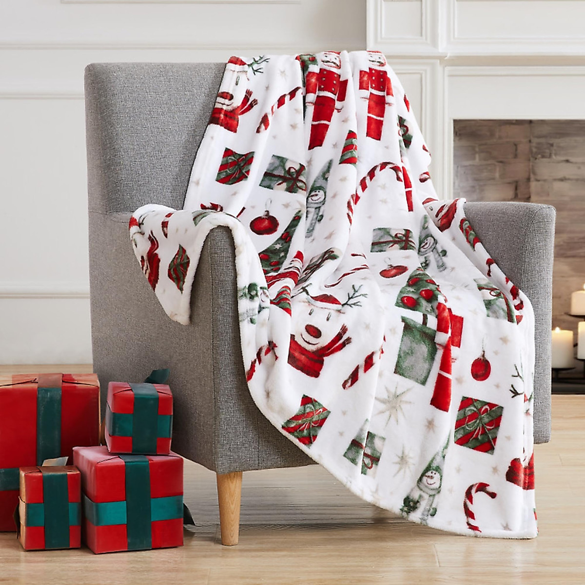 Serafina Home Christmas Holiday Throw Blanket: Velvelty Soft, Durable Fleece Accent for Bed or Couch (Nutcracker and Reindeer, 50 x 60 inches)