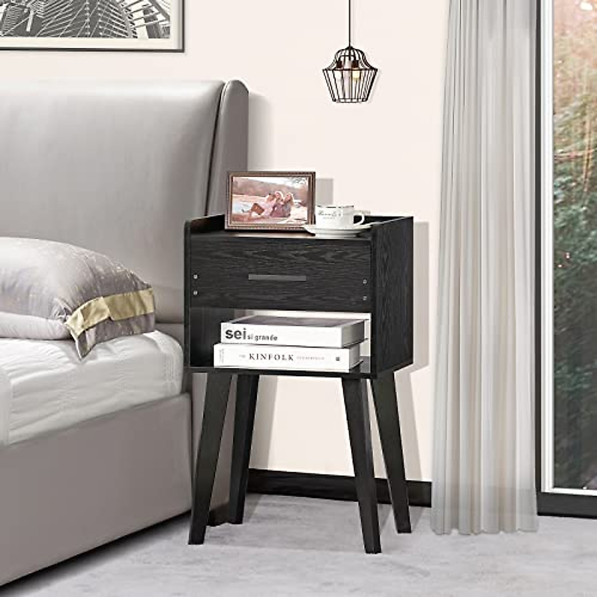 Lerliuo Black Nightstand, Modern Bedside Table with Drawer, Wood End Table for Small Space, Side Table with Storage, Night Stand for Bedroom/Living Room/Dorm 26.38''H