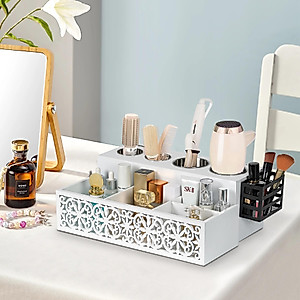 TRSPCWR Hair Tool Organizer, White Hair Dryer Holder, Bathroom Countertop Blow Dryer Holder with Side Basket, Hollow Out Design, Vanity Caddy Storage Stand for Makeup, Toiletries