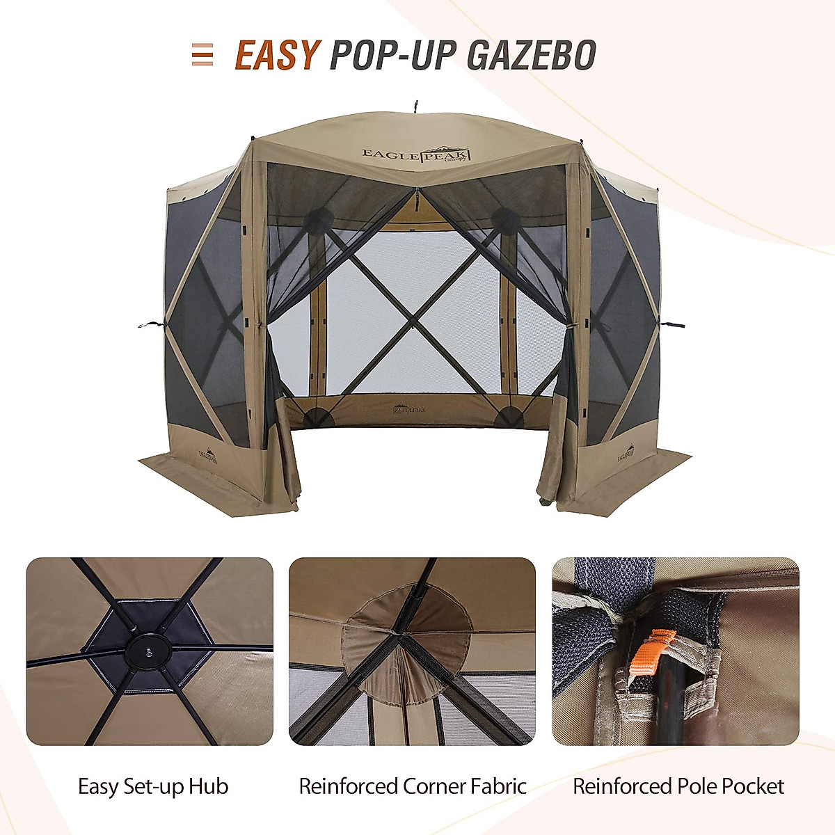 EAGLE PEAK 12x12 ft Portable Pop Up 6 Sided Gazebo Canopy, Outdoor Camping Screen Tent with Mesh Netting 8 Person, Beige