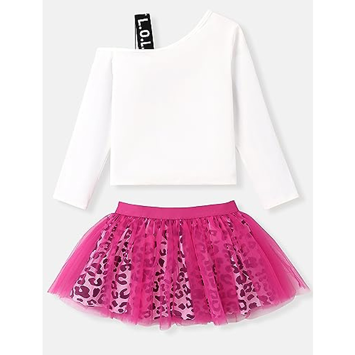 L.O.L. Surprise! Toddler Girl 2pcs Character Print Long-sleeve One-Shoulder Top and Leopard Pattern Pink Mesh Skirt Set Rose-3 5-6 Years