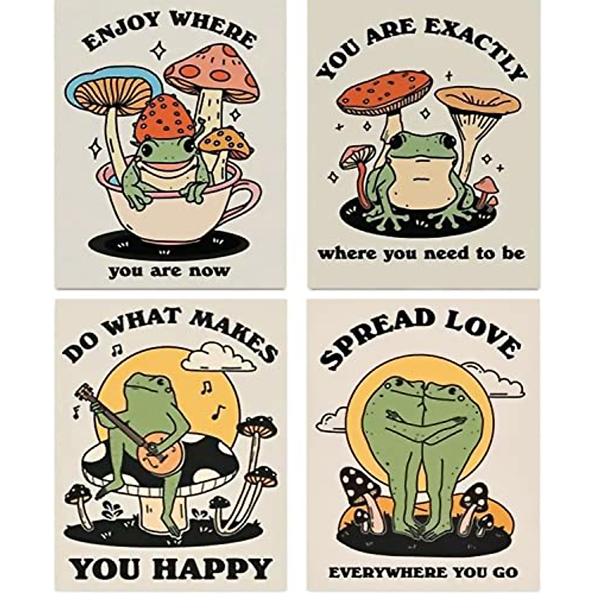 Retro Poster Wall Art Print Retro Frog Posters,Retro Positive Quote, Positive Self Care Mushroom Illustration,Wall Art Canvas for Living Room Bedroom Kids Room Decorate Room Home Decor,Gift.Set of 4(Unframed,8”X10”inches).