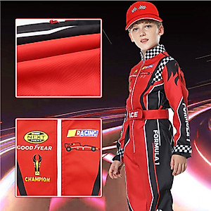 Treyrea Race Car Driver Costume Boys Racer Jumpsuit With Car Cap Kids Dress Up for Halloween (Red and Black, XL(for height 57"-60"))