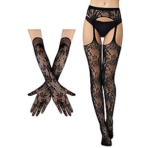 Geyoga 2 Pieces Suspender Pantyhose Long Floral Lace Gloves Stocking Fishnet Tights Garter Belt Stockings for Women, Black (Medium)