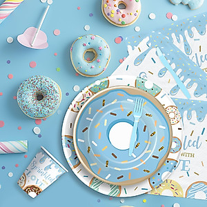 Suhelkit Donut Baby Sprinkle Decorations For Boy - Blue Sprinkled with Love Baby Shower Party Supplies, Plate, Napkin, Cup, Tablecloth, Cutlery, Donut Baby Shower Decorations Tableware, 24 Guests