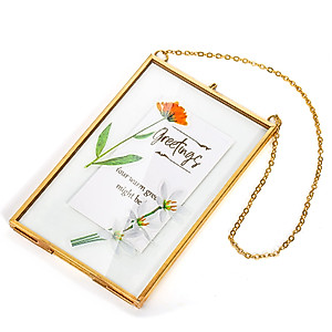 AVLA 3 Pack Pressed Flowers Glass Frames, Brass Hanging Picture Frames with Chain, Small Golden Floating Photo Frame, Clear DIY Artwork Display Frame for Wall Decor, Dried Plant Specimen