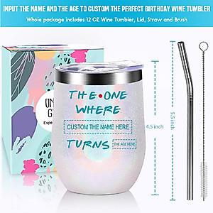 Personalized Birthday Wine Cup Gifts with Names Ages for Women Mom Daughter Aunt Sister Grandma Nana Gigi 12oz Custom Birthday Wine Tumbler with Lid Straw Bday Presents for Friends Female