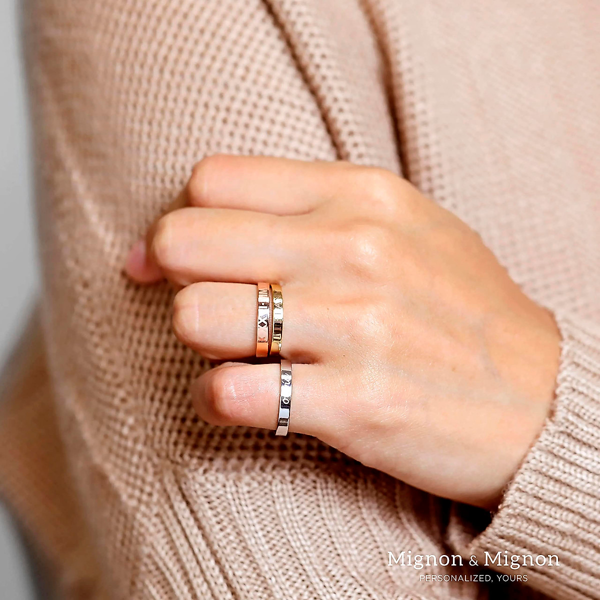 MignonandMignon Personalized Engraved Rings for Women Friendship Matching Rings Custom Coordinate Stacking Best Friend Memorial - R4