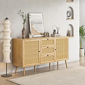 Rattan Sideboard Buffets Cabinet Farmhouse Boho Buffet Sideboard with 3 Drawers and 2 Doors Storage Cabinet Adjustable Shelves Console Table Cupboard Accent Cabinet for Living Room Kitchen