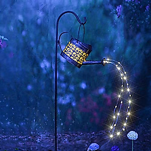 Elfengarden Solar Watering Cans Light Garden Decorative - Leaf Pattern Metal Watering Cans Stake Light with 32 LED Fairy Light - Waterproof Warm White Led for Lawn Patio Or Courtyard Décor