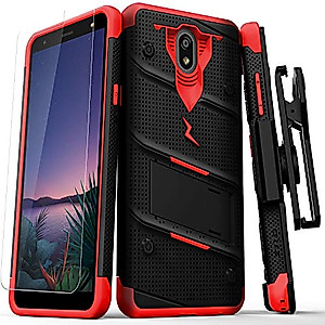 ZIZO Bolt Series for LG Escape Plus Case | Heavy-Duty Military-Grade Drop Protection w/ Kickstand Included Belt Clip Holster Tempered Glass Lanyard (Black/Red)