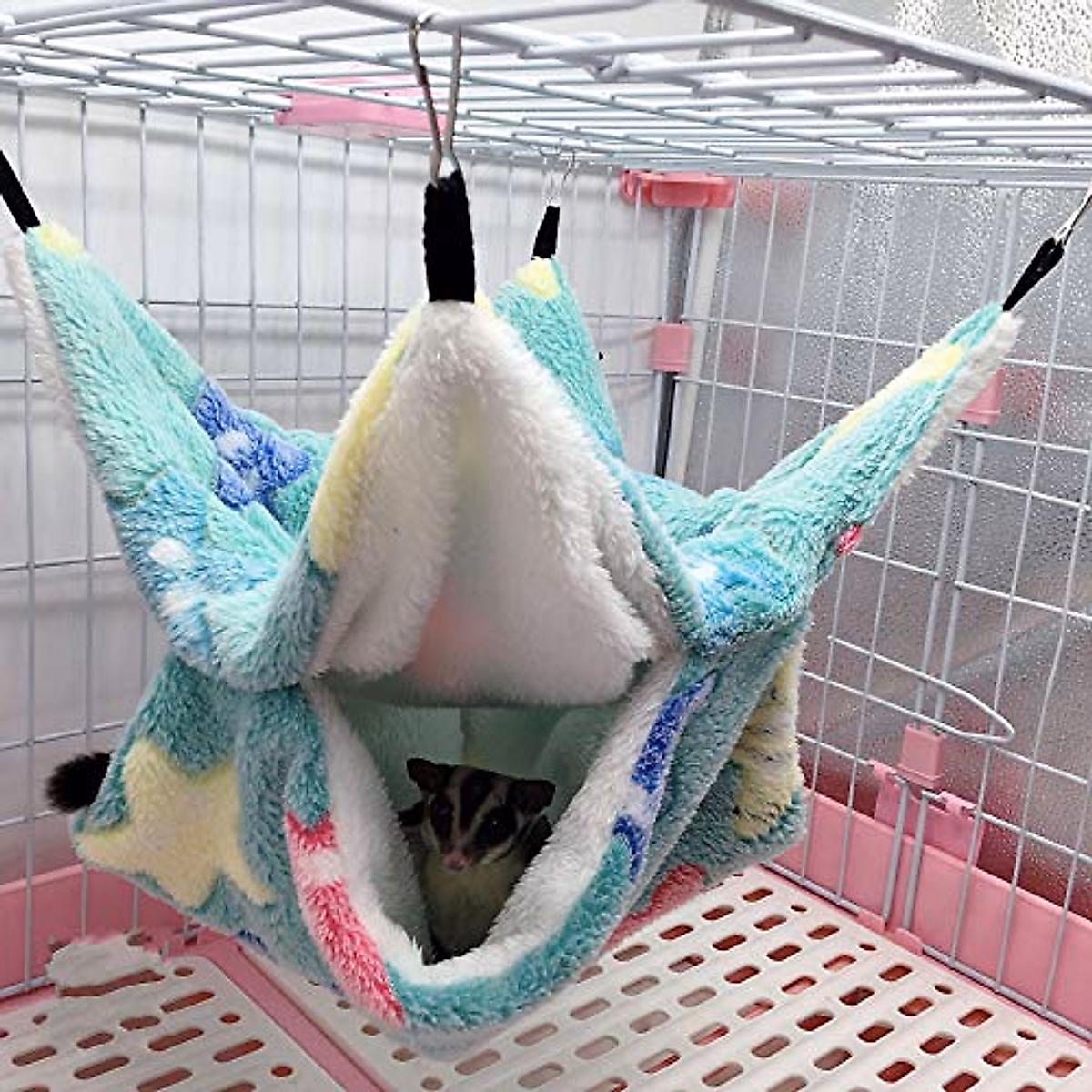 Vedem Small Animals Hanging Bunkbed Fleece Cage Hammock Bed for Hamster Sugar Glider Ferret Squirrel Chinchilla (Star-Green)