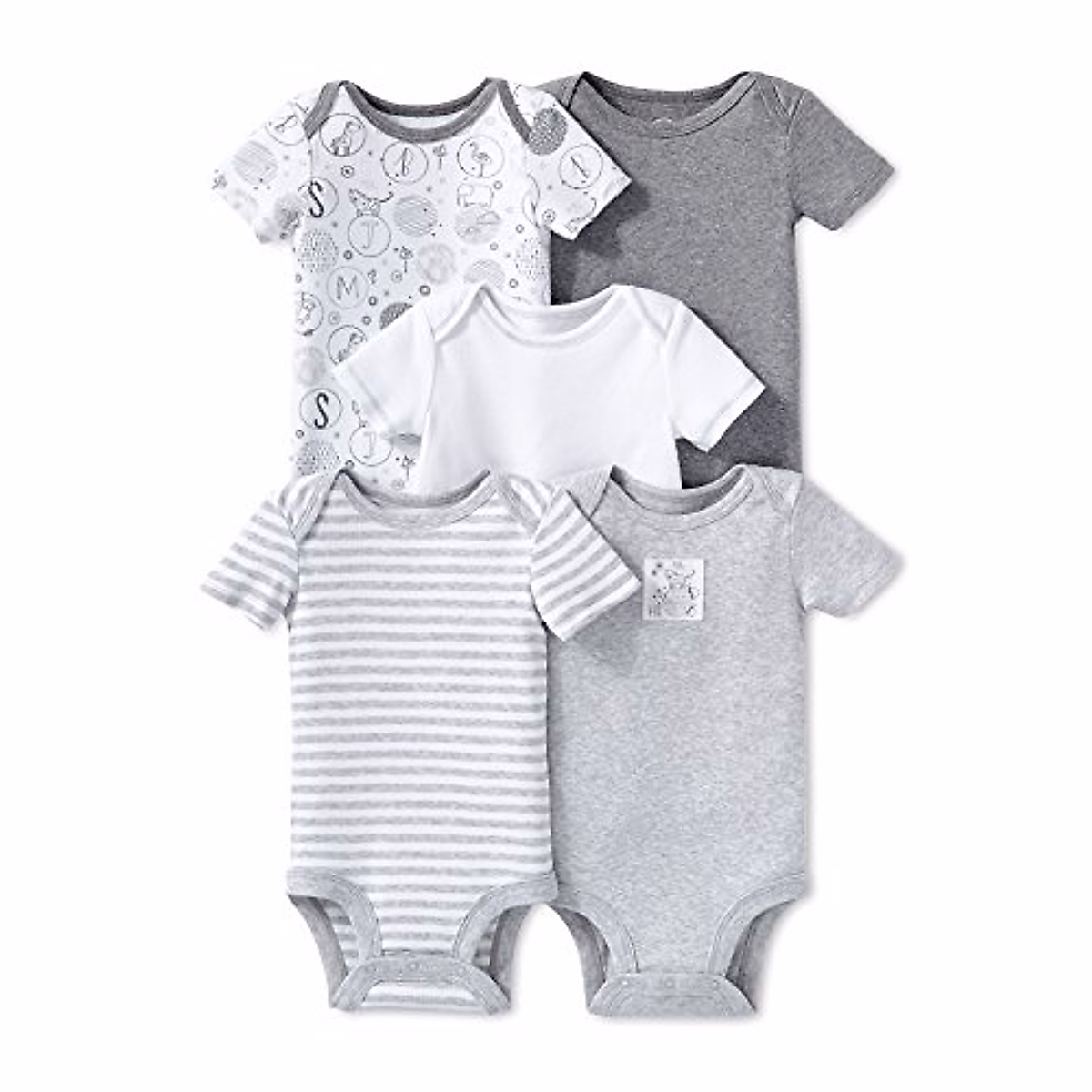 Lamaze Baby Super Combed Natural Cotton Short Sleeve Bodysuit, Snap Closure, 5 Pack, White and Grey Variety, Newborn