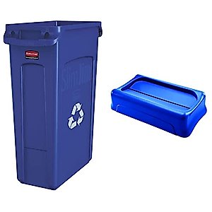 Rubbermaid Commercial Products Slim Jim Plastic Rectangular Recycling Bin with Venting Channels, 23 Gallon, Blue Recycling (FG354007BLUE) & FG267360BLUE Slim Jim Trash Can, Swing Lid, Blue