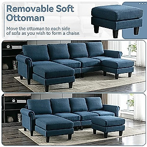 Olela U Shaped Modular Sectional Sofa for Living Room, Oversized Deep Seat Sofa Modern Linen Upholstered Sectional Couch with Chaise Lounge and Comfy Backrest (Navy)
