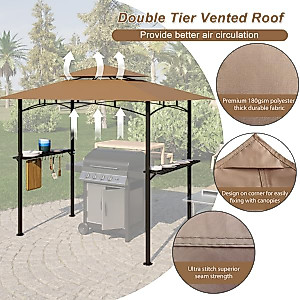 8 x 5 FT Grill Pergola Tent with Air Vent Double Tiered BBQ Gazebo Outdoor Barbecue Canopy, Khaki, Outdoor Double Roof Steel Frame Canopy Gazebo for Lawn, Garden, Backyard and Deck