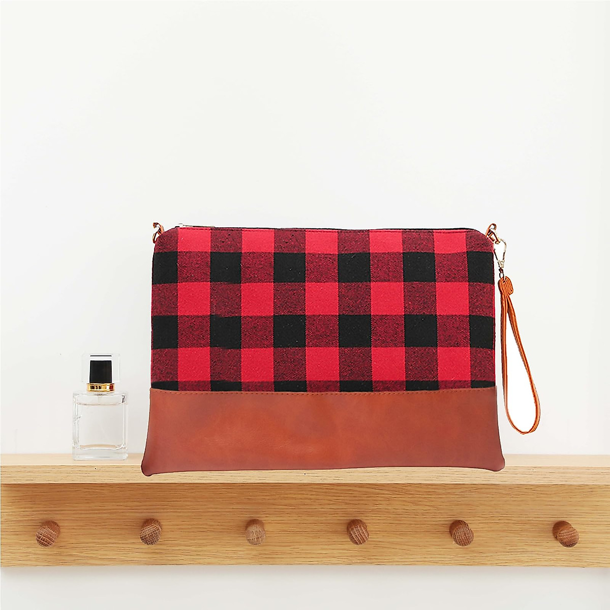 Auony Buffalo Plaid Wristlet Wallet Clutch Bag Phone Purse Handbag with Leather Wrist Strap for Christmas Birthday Gift