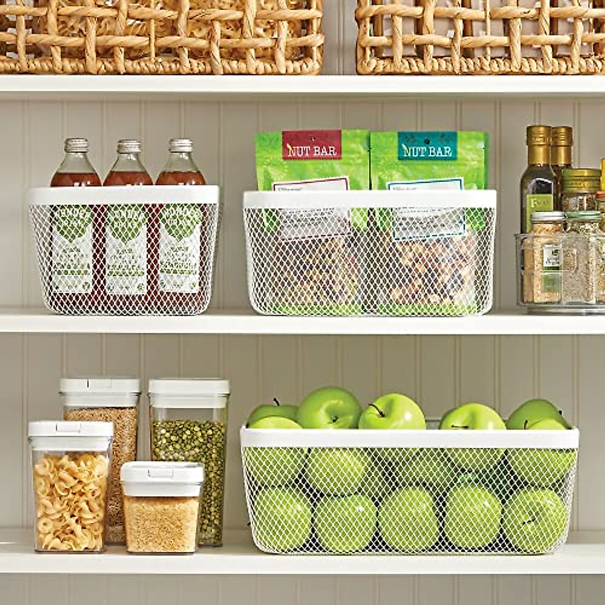 mDesign Steel Food Storage Organizer Bin Mesh Basket, Space Saving for Kitchen Cabinets, Countertop, Pantry, Fridge, Freezer Organization, Canned Food, Sugar, Flour, Meshi Collection - 2 Pack - White