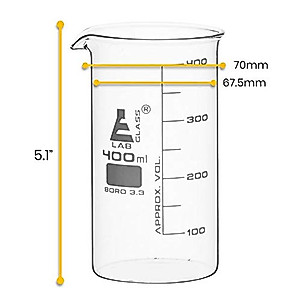EISCO Beaker, 400ml - Tall Form with Spout - White, 50ml Graduations - Borosilicate 3.3 Glass