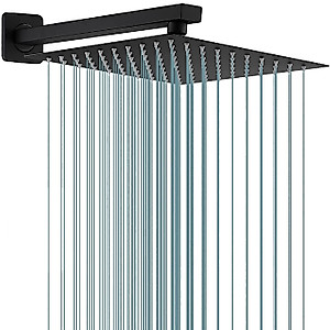 Rain Shower Head Black with Extension Arm 12 Inch Square Shower Head with 16 Inch Shower Arm Large Stainless Steel Rainfall Showerhead Matte Black Waterfall Full Body Coverage by GGStudy