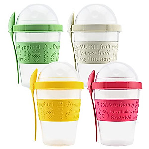 Tribello 20 OZ Overnight Oats Container With Lid, Set of 4 Crunch Cups To Go, Portable Parfait Cup With Compartments for Topping Cereal Or Oatmeal - Colorful