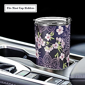 ALAZA Insulated Tumbler Purple Mandala Cherry Flower Stainless Steel Vacuum Coffee Water Tumbler Bottle with Lid and Straw Double Walled Travel Mug 20oz for Hot & Cold Drinks
