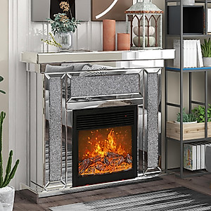 AUWHALEUS Mirrored Electric Fireplace with Remote Control and Mantel, Faux Diamonds Decor Freestanding Fireplace, Adjustable 3D Flame Effect Heater Firebox for Living Room, Silver