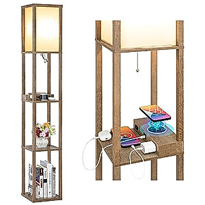 Mlambert Modern Shelf Floor Lamp with Wireless Charger & Fast Charging USB Port & Type C Port & 2 Power Outlets,3 Tier Storage Display Standing Lamp Narrow Corner Light for Bedroom Living Room(Wood)