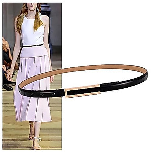 Women's Belt Fashion Elegant Dress Skinny Patent Leather Belts Waistband Thin Waist Belt Alloy Gold Buckle, 2-Pack, Black & Peach-Pink, For Waist 28"- 34", Women Size S-M, 4-6