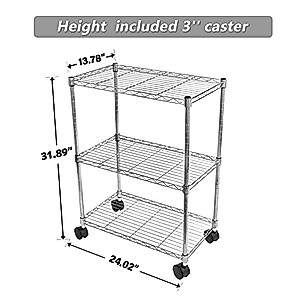 Simple Deluxe Heavy Duty 3-Shelf Shelving with Wheels, Adjustable Storage Units, Steel Organizer Wire Rack, Plug Version, 24.02”L x 13.78“W x 31.89”H, Chrome