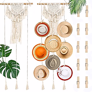 Hat Organizer Hat Wall Hanging Boho Hat Hanger for Storage Handmade Cotton Rope Woven Women Hat Display Rack for Wide macramé Brim and Fedora Hats