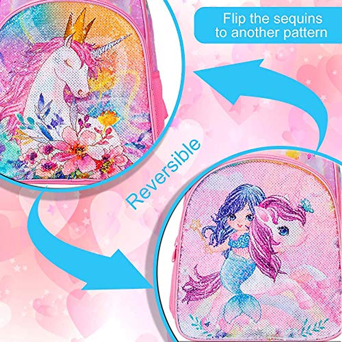 CCJPX 3PCS Unicorn Backpack for Girls, 16”Kids Preschool Sequin Bookbag and Lunch Box for Kindergarten Elementary