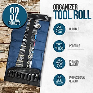 32 Pocket Tool Roll Organizer - Wrench & Pouch Includes Pouches for 10 Sockets Up Bag Electrician, HVAC, Plumber, Carpenter or Mechanic from Rugged