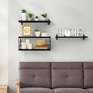 TJ.MOREE Bathroom Shelves Over Toilet Floating Shelves for Wall Rustic with Toilet Paper Wire Basket, Farmhouse Floating Shelf for Bedroom, Living Room, Kitchen, Wall Decoration (Black)