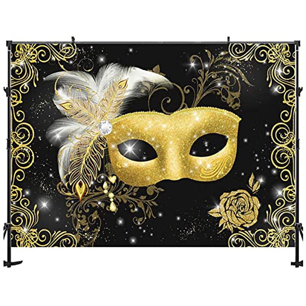 Masquerade Backdrop Curtain Gold Mask Gold Rose Pattern Carnival Birthday Background Decoration Banner Adult Portrait Photography Banner Vinyl (6ft×4ft)