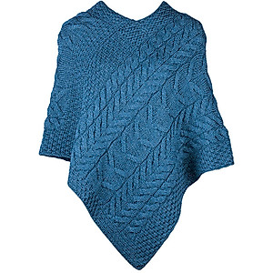 Super Soft Merino Wool Triangular Aran Cable Knit Design Poncho, Blue Colour