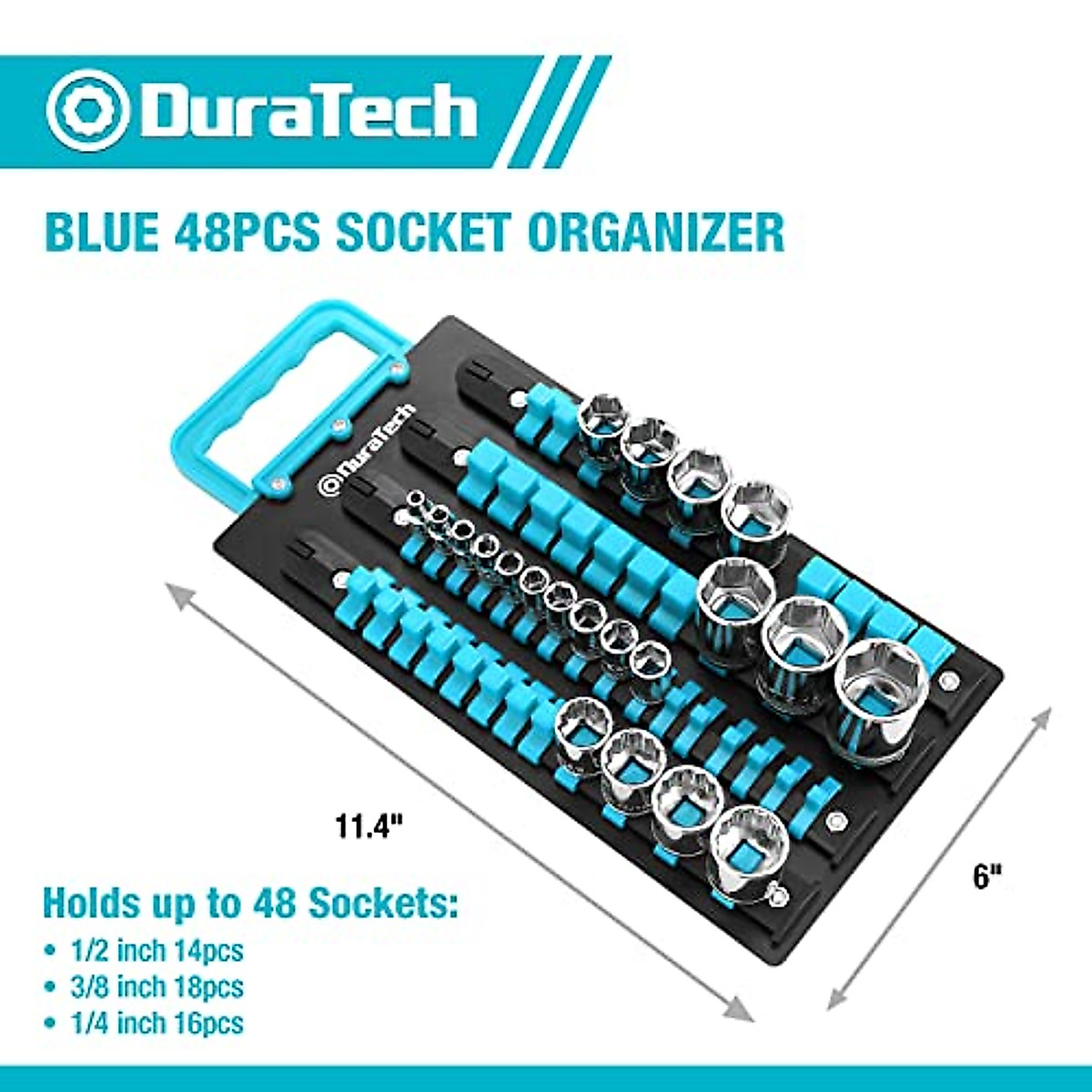 DURATECH Socket Organizer, 48-Piece Portable Socket Holder with Handle, ABS Socket Tray Wall and Tool Cart Mounted, 1/4", 3/8", 1/2" Drive Socket Organizer Tray, Blue(Socket not Included)