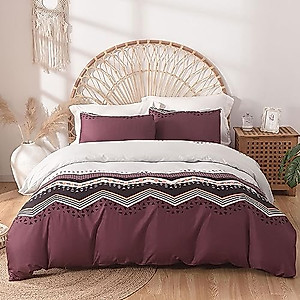 Lekesky Red Duvet Cover Queen, Soft Boho Aztec Striped Bohemian Bedding Duvet Cover Set with Zipper Closure Corner Ties (No Comforter)
