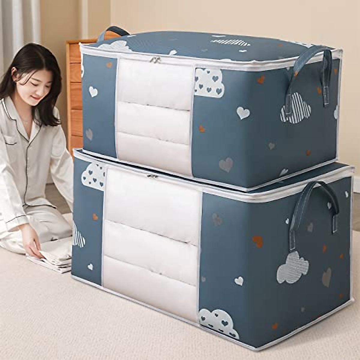 Large Capacity Storage Bag Organizer With Reinforced Handle, Foldable Storage Containers With Sturdy Zipper,For Clothing, Quilt